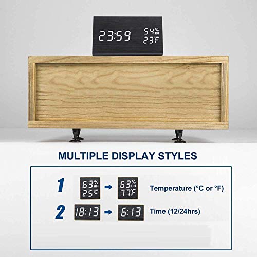 Digital Alarm Clock, with Wooden Electronic LED Time Display, 3 Alarm Settings, Humidity & Temperature Detect, Wood Made Electric Clocks for Bedroom, Bedside… (Black)