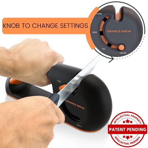 Orange Ninja 4-Stage Knife Sharpener - Premium Kitchen Knife Sharpeners - Adjustable Handheld Manual Knife Sharpeners for Kitchen Knives, Pocket knife Sharpener, Chef & Serrated Knife by Sharp Pebble