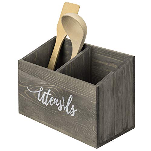 MyGift 2-Slot Rustic Gray Wood Kitchen Utensil Holder for Countertop, Cooking Tools Organizer Caddy with Cursive Utensils Word Design