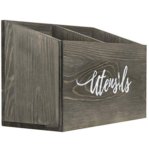 MyGift 2-Slot Rustic Gray Wood Kitchen Utensil Holder for Countertop, Cooking Tools Organizer Caddy with Cursive Utensils Word Design