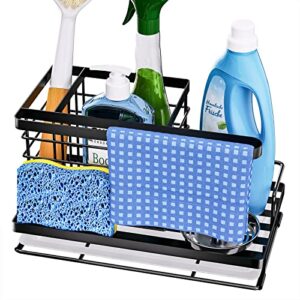 swtymiki kitchen sink caddy organizer with dishcloth holder, rustproof stainless steel sponge holder for kitchen sink with removable drain tray, sink organizer for sponge dishcloth brush in black