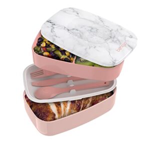 bentgo classic – all-in-one stackable bento lunch box container – modern bento-style design includes 2 stackable containers, built-in plastic utensil set, and nylon sealing strap (blush marble)