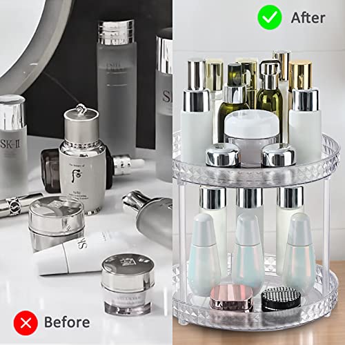 KSDSOAM Makeup Organizer, Rotating Diamond Lazy Susan Cosmetic Storage Organizer, Acrylic Spice Rack for Kitchen Bathroom Dresser (2 Tier)