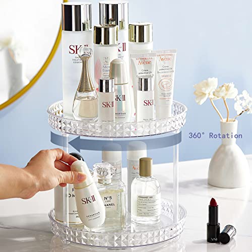 KSDSOAM Makeup Organizer, Rotating Diamond Lazy Susan Cosmetic Storage Organizer, Acrylic Spice Rack for Kitchen Bathroom Dresser (2 Tier)