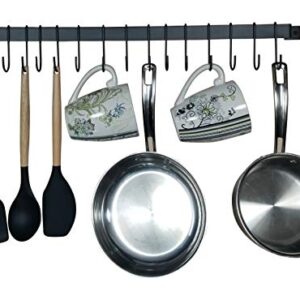 Wall-Mounted Utensil Rack Hanger – Black, 17" x 1" - Rustic Iron Kitchen Organizer with Ten 3.5" Hanging Hooks - Coffee Mug Rail - Pot and Pan Holder - Organizing Rod for Cookware - Claimed Corner