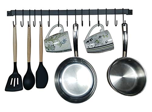 Wall-Mounted Utensil Rack Hanger – Black, 17" x 1" - Rustic Iron Kitchen Organizer with Ten 3.5" Hanging Hooks - Coffee Mug Rail - Pot and Pan Holder - Organizing Rod for Cookware - Claimed Corner