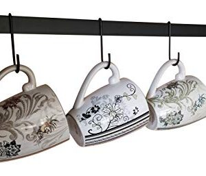 Wall-Mounted Utensil Rack Hanger – Black, 17" x 1" - Rustic Iron Kitchen Organizer with Ten 3.5" Hanging Hooks - Coffee Mug Rail - Pot and Pan Holder - Organizing Rod for Cookware - Claimed Corner