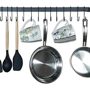 Wall-Mounted Utensil Rack Hanger – Black, 17" x 1" - Rustic Iron Kitchen Organizer with Ten 3.5" Hanging Hooks - Coffee Mug Rail - Pot and Pan Holder - Organizing Rod for Cookware - Claimed Corner