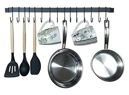 Wall-Mounted Utensil Rack Hanger – Black, 17" x 1" - Rustic Iron Kitchen Organizer with Ten 3.5" Hanging Hooks - Coffee Mug Rail - Pot and Pan Holder - Organizing Rod for Cookware - Claimed Corner