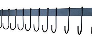 Wall-Mounted Utensil Rack Hanger – Black, 17" x 1" - Rustic Iron Kitchen Organizer with Ten 3.5" Hanging Hooks - Coffee Mug Rail - Pot and Pan Holder - Organizing Rod for Cookware - Claimed Corner