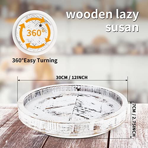 Wood Lazy Susan Turntable, 12 Inch Rustic White Wooden Lazy Susan Organizer for Cabinet, Farmhouse Distressed Round Turntable Tray for Kitchen Countertop Pantry, Dining Table Centerpiece