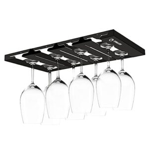 chillex mart – wine glass holder under cabinet & shelf, wine glass hangers stemware wine rack, hanging wine glass rack with 3 free mug hooks for kitchen & bar restaurant storage (black, 4 rows)