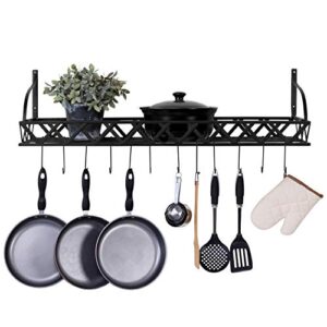 mygift wall mounted black metal kitchen pots and pans storage rack with display shelf includes 12 removable s hooks