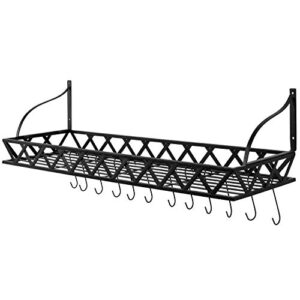 MyGift Wall Mounted Black Metal Kitchen Pots and Pans Storage Rack with Display Shelf Includes 12 Removable S Hooks