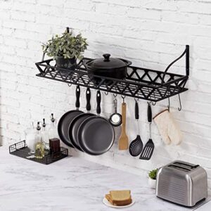 MyGift Wall Mounted Black Metal Kitchen Pots and Pans Storage Rack with Display Shelf Includes 12 Removable S Hooks