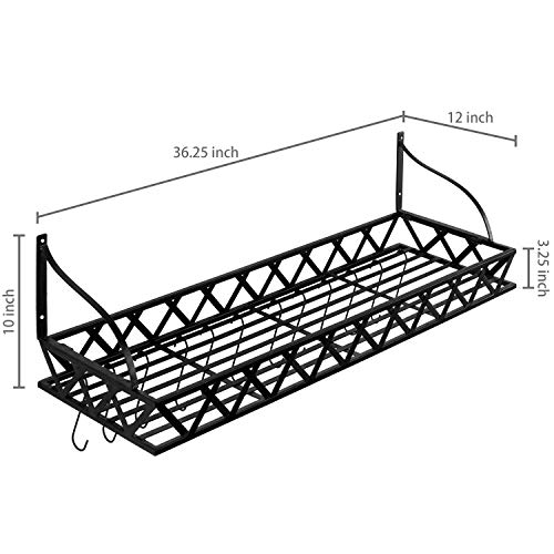 MyGift Wall Mounted Black Metal Kitchen Pots and Pans Storage Rack with Display Shelf Includes 12 Removable S Hooks