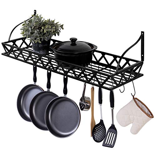 MyGift Wall Mounted Black Metal Kitchen Pots and Pans Storage Rack with Display Shelf Includes 12 Removable S Hooks