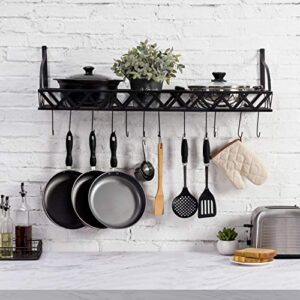 MyGift Wall Mounted Black Metal Kitchen Pots and Pans Storage Rack with Display Shelf Includes 12 Removable S Hooks