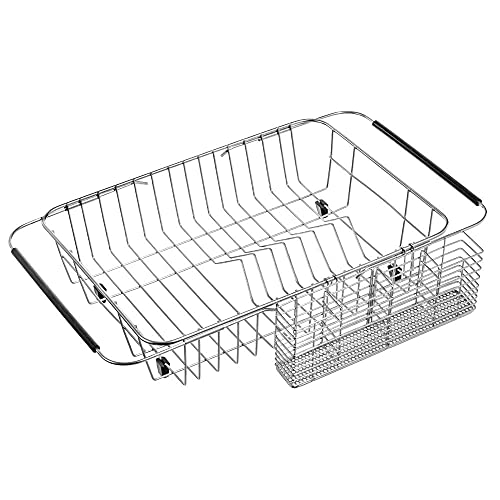 SANNO Expandable Dish Drying Rack with 4 Division Utensil Silverware Cutlery Holder,Large Dish Drainer Drain Expandable Dish Rack Shelf Dish Rack in Sink or Over Sink On Counter Stainless Steel