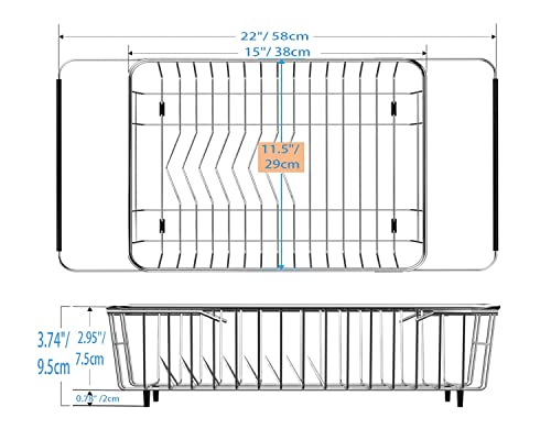 SANNO Expandable Dish Drying Rack with 4 Division Utensil Silverware Cutlery Holder,Large Dish Drainer Drain Expandable Dish Rack Shelf Dish Rack in Sink or Over Sink On Counter Stainless Steel