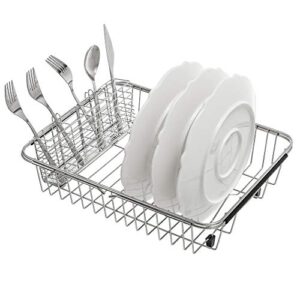 SANNO Expandable Dish Drying Rack with 4 Division Utensil Silverware Cutlery Holder,Large Dish Drainer Drain Expandable Dish Rack Shelf Dish Rack in Sink or Over Sink On Counter Stainless Steel