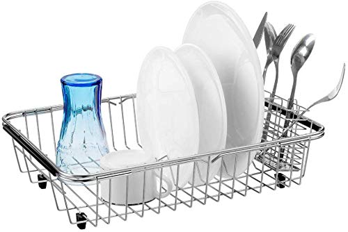 SANNO Expandable Dish Drying Rack with 4 Division Utensil Silverware Cutlery Holder,Large Dish Drainer Drain Expandable Dish Rack Shelf Dish Rack in Sink or Over Sink On Counter Stainless Steel