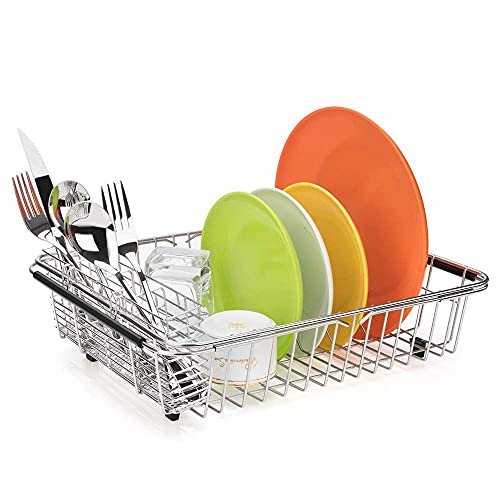 SANNO Expandable Dish Drying Rack with 4 Division Utensil Silverware Cutlery Holder,Large Dish Drainer Drain Expandable Dish Rack Shelf Dish Rack in Sink or Over Sink On Counter Stainless Steel