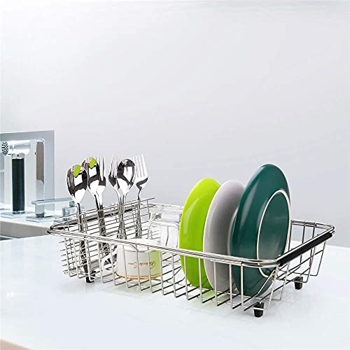 SANNO Expandable Dish Drying Rack with 4 Division Utensil Silverware Cutlery Holder,Large Dish Drainer Drain Expandable Dish Rack Shelf Dish Rack in Sink or Over Sink On Counter Stainless Steel