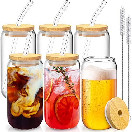 6 Pcs Drinking Glasses with Bamboo Lids and Glass Straw - 16 Oz Can Shaped Glass Cups Beer Glasses Ice Coffee Glasses Cute Tumbler Cup Great for Soda Boba Tea Cocktail Include 2 Cleaning Brushes