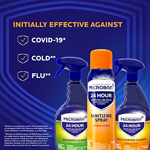 Microban Disinfectant Spray, 24 Hour Sanitizing and Antibacterial Spray, Sanitizing Spray, Citrus Scent, 2 Count (15oz Each) (Packaging May Vary)