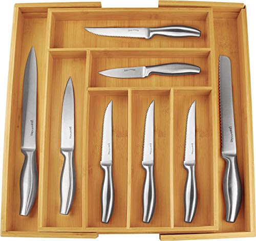 Utopia Kitchen Bamboo Cutlery & Knives Tool Tray - 8 Compartments - Expandable Organizer (Bulk Pack of 5)