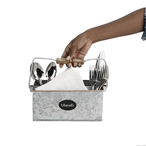 Mind Reader Wood & Galvanized Utensils Caddy, 3 Section Flatware Organizer, Server Ware Holder, Silverware, Cookware, Forks, Spoons, Knives, One Size, Silver Wood Handle