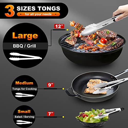 Food Grade Stainless Steel Kitchen Tongs for Cooking,BBQ - 7 ，9 and 12 Inch,Set of 3 Heavy Duty Locking Metal Food Tongs Non-Slip Grip