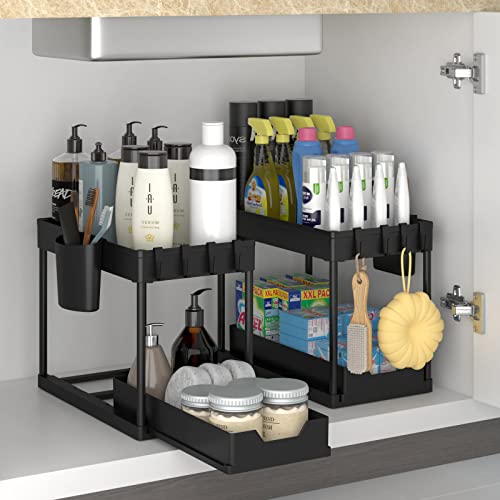 2 Pack Under Sink Organizers and Storage, Treerit 2-Tier Under the Sink Pull Out Organizer with 8 Hooks and 2 Hanging Cups, Multi-Purpose Under Sink Storage for Kitchen and Bathroom Light Black