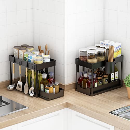 2 Pack Under Sink Organizers and Storage, Treerit 2-Tier Under the Sink Pull Out Organizer with 8 Hooks and 2 Hanging Cups, Multi-Purpose Under Sink Storage for Kitchen and Bathroom Light Black