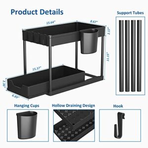 2 Pack Under Sink Organizers and Storage, Treerit 2-Tier Under the Sink Pull Out Organizer with 8 Hooks and 2 Hanging Cups, Multi-Purpose Under Sink Storage for Kitchen and Bathroom Light Black