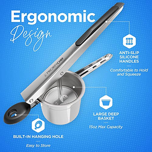 PriorityChef Large 15oz Potato Ricer, Heavy Duty Stainless Steel Potato Masher and Ricer Kitchen Tool, Press and Mash Kitchen Gadget For Perfect Mashed Potatoes - Everytime