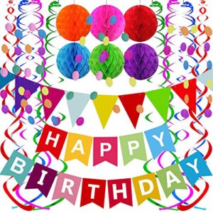 happy birthday banner with colorful paper flag bunting paper circle confetti garland swirl streamers honeycomb ball for birthday party decorations