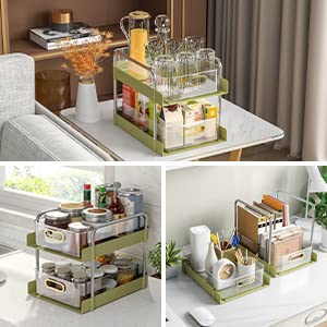 JAWNLITY Bathroom Counter Organizer with Pull-out Drawers, 2 Tier Sliding Cabinet Organizer Shelf with Handles, Clear Slide-out Under Sink Organizer for Kitchen, Pantry Storage (Green)