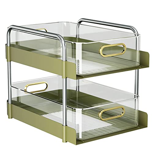 JAWNLITY Bathroom Counter Organizer with Pull-out Drawers, 2 Tier Sliding Cabinet Organizer Shelf with Handles, Clear Slide-out Under Sink Organizer for Kitchen, Pantry Storage (Green)