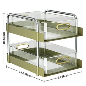 JAWNLITY Bathroom Counter Organizer with Pull-out Drawers, 2 Tier Sliding Cabinet Organizer Shelf with Handles, Clear Slide-out Under Sink Organizer for Kitchen, Pantry Storage (Green)