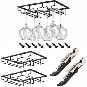 onestep club | 2 wine glass holder under cabinet screw mounted with 2 corkscrew bottle opener glass storage rack for kitchen restaurant undermount metal organizer glasses storage hanger black