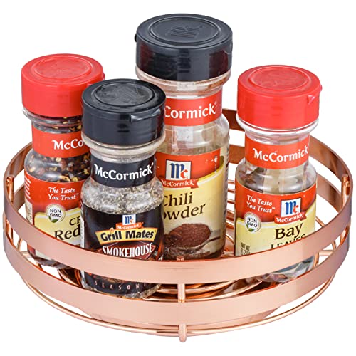 MyGift Modern Copper Tone Metal Wire Spice Rack Round Turntable, Lazy Susan Seasoning and Condiment Holder Spinning Rack, Pantry Organizer Tabletop Revolving Tray