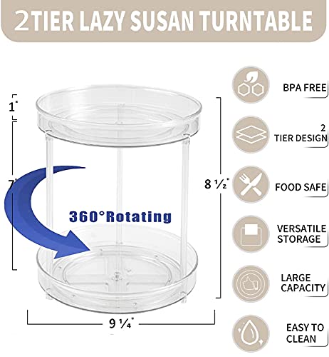 Amasses 2 Tier Clear Lazy Susan Organizer, 360 Degree Rotating Round Lazy Susan Turntable 9" Non-Skid Rotating Organization Storage Container for Kitchen, Cabinet, Pantry