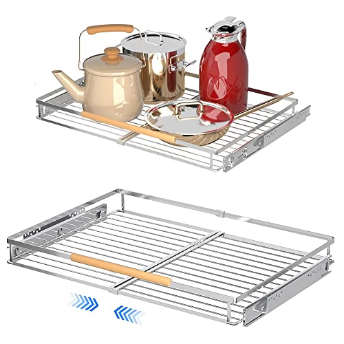 Benzoyl Pull Out Cabinet Shelf, Heavy Duty Under Sink Slide Out Cabinet Organizer, Anti Rust Kitchen Organizer Basket, Smooth Roll Expandable Sliding Drawer, 2 Pack Chrome 16.1~26.6''