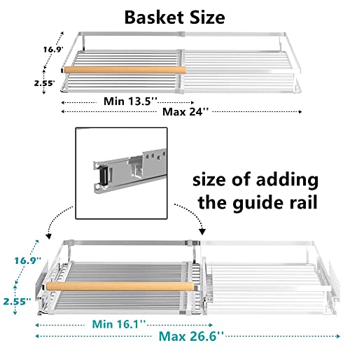 Benzoyl Pull Out Cabinet Shelf, Heavy Duty Under Sink Slide Out Cabinet Organizer, Anti Rust Kitchen Organizer Basket, Smooth Roll Expandable Sliding Drawer, 2 Pack Chrome 16.1~26.6''