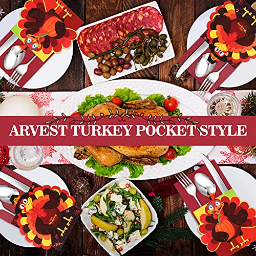 48 Pieces Thanksgiving Cutlery Holder Set Silverware Paper Pocket Pouch Thanksgiving Turkey Utensil Decor Thanksgiving Autumn Harvest Fall Halloween Party Favor Supply Table Decoration