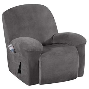 h.versailtex recliner chair cover velvet plush 1-piece recliner covers for large recliner, soft thick luxury velvet furniture protector with elastic bottom, anti-slip foams attached (recliner, grey)