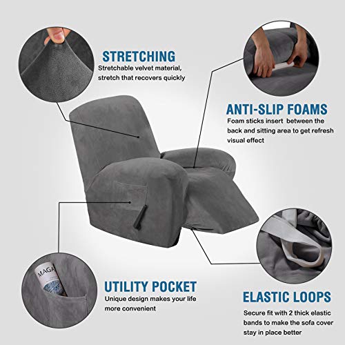 H.VERSAILTEX Recliner Chair Cover Velvet Plush 1-Piece Recliner Covers for Large Recliner, Soft Thick Luxury Velvet Furniture Protector with Elastic Bottom, Anti-Slip Foams Attached (Recliner, Grey)