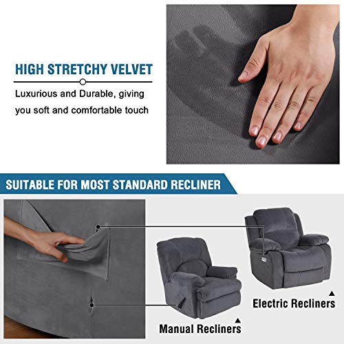 H.VERSAILTEX Recliner Chair Cover Velvet Plush 1-Piece Recliner Covers for Large Recliner, Soft Thick Luxury Velvet Furniture Protector with Elastic Bottom, Anti-Slip Foams Attached (Recliner, Grey)